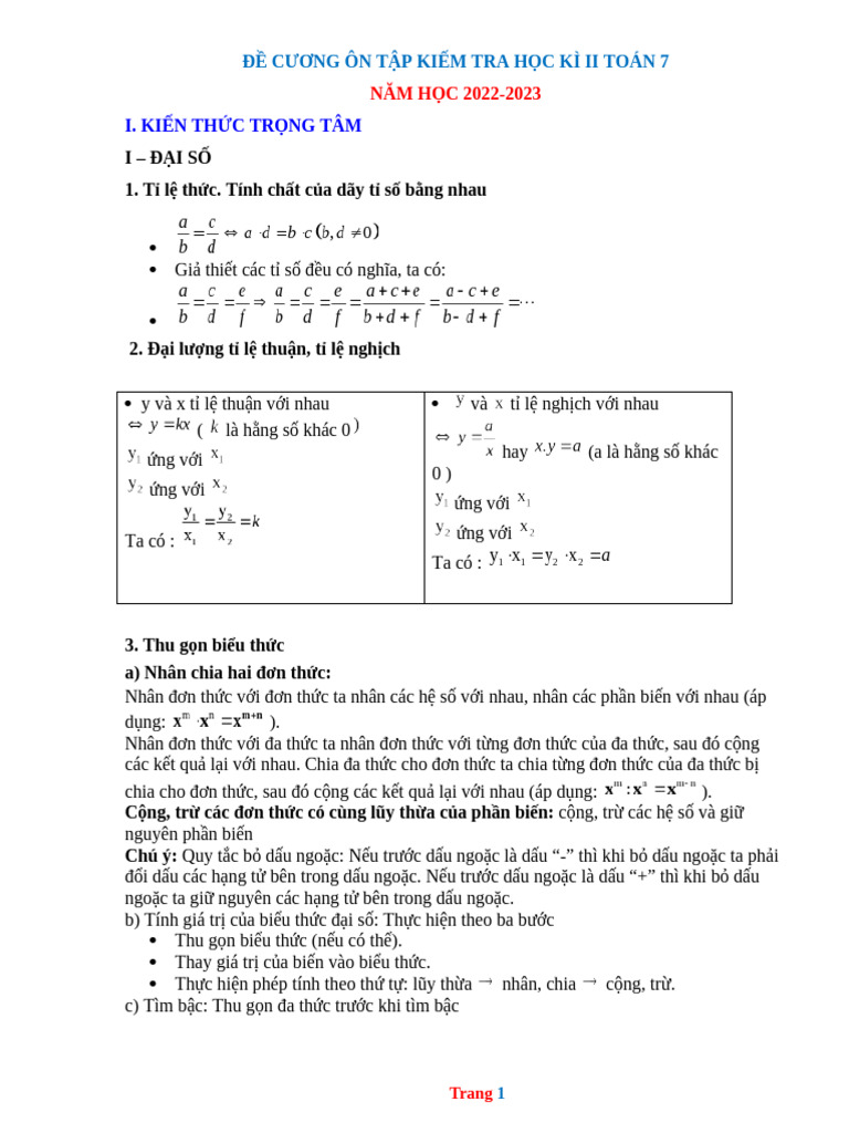 De Cuong On Tap HK2 Toan 7 CTST | PDF