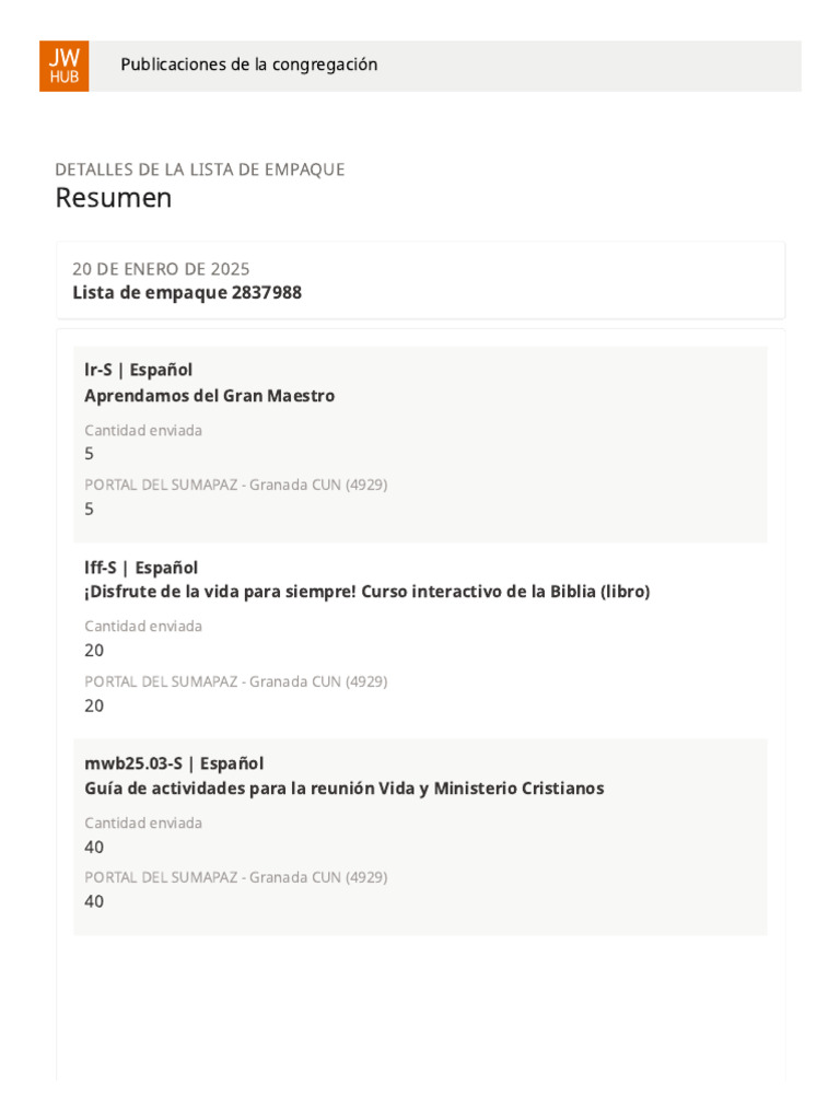 Historial de Envíos - Publicaciones de La Congregación - JW Hub | PDF