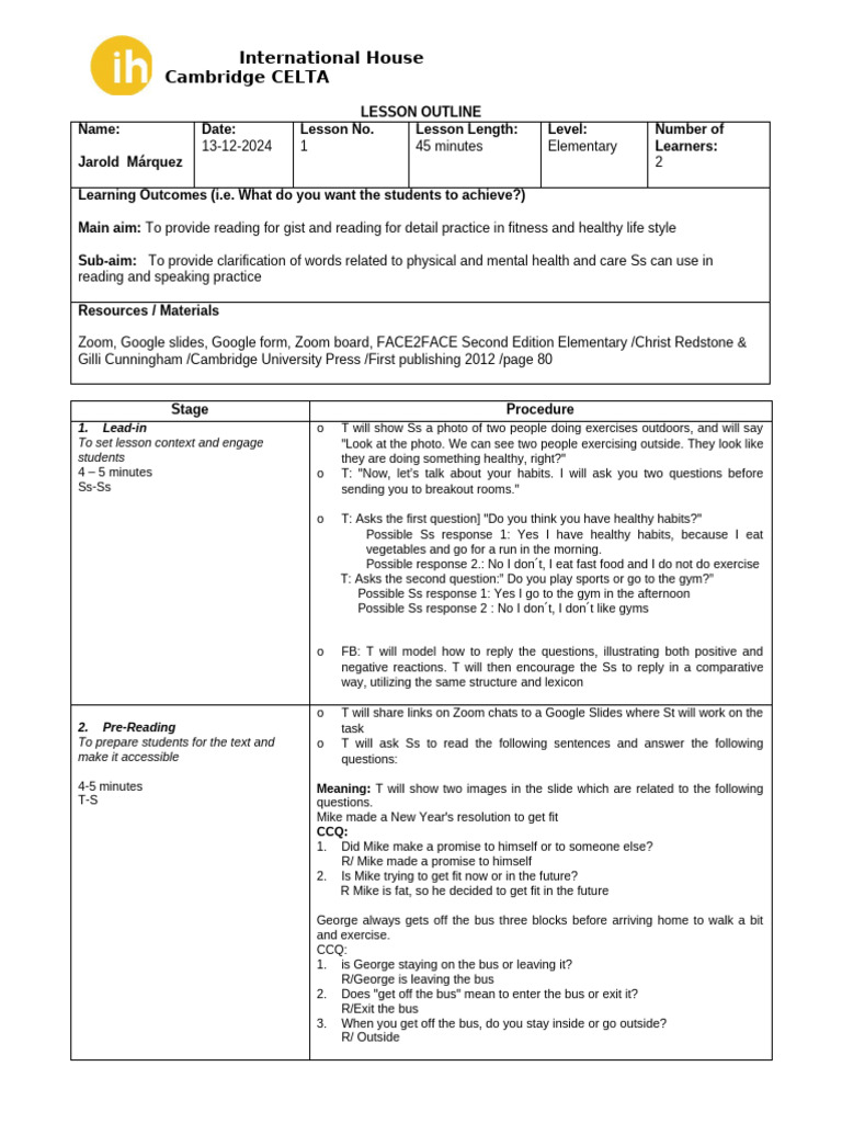 Celta LP Outline Tp1-2 | PDF | Cognition | Learning
