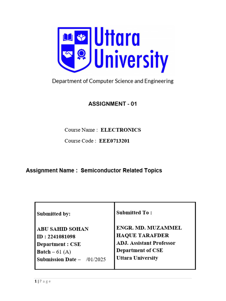 Semiconductor Assignment 01 | PDF | Semiconductors | Doping (Semiconductor)