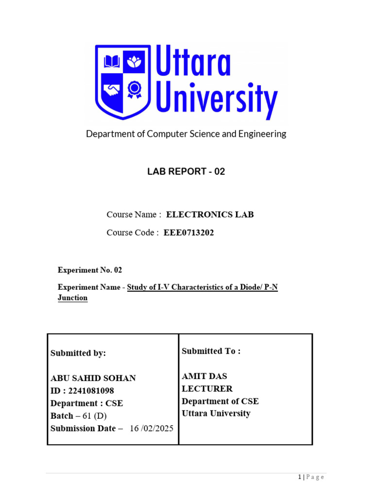 Abu Sahid Sohan - 2241081098 - Lab Report 02 | PDF | Diode | P–N Junction
