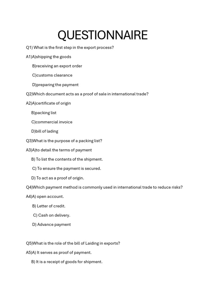 Export Process & Documentation Quiz | PDF