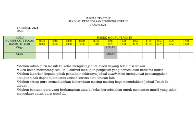 Template Jadual Sit in Teach in | PDF
