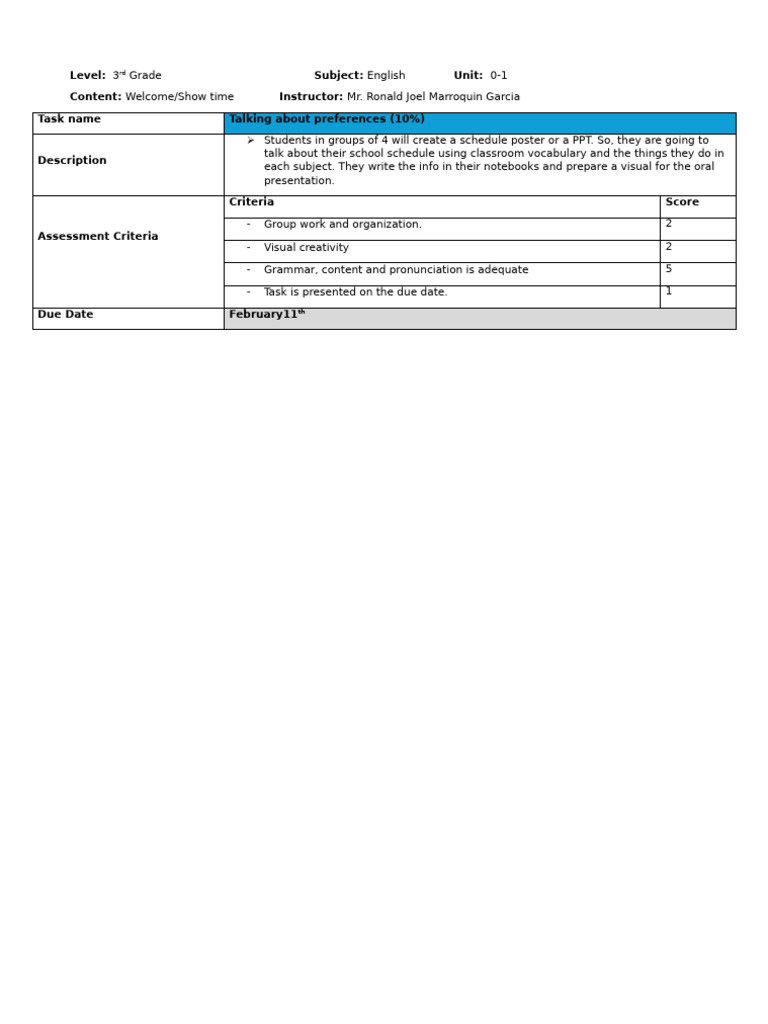 3rd Grade English Schedule Project | PDF