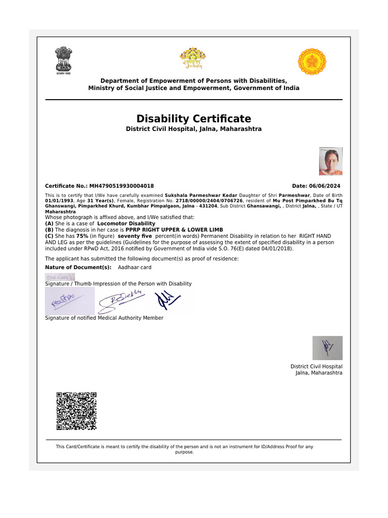 Disability Certificate for Sukshala Kedar | PDF