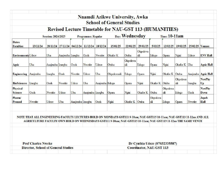 Lecture Time Table For Nau GST 113 Humanities | PDF
