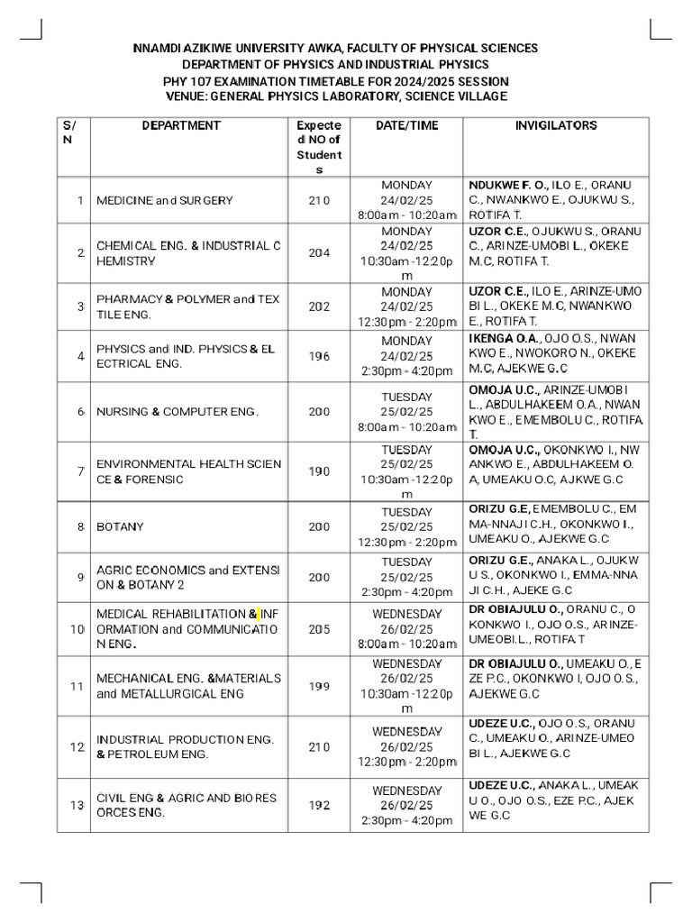 PHY 107 Exam Time Table 2025 - 101219 - Phoenix | PDF
