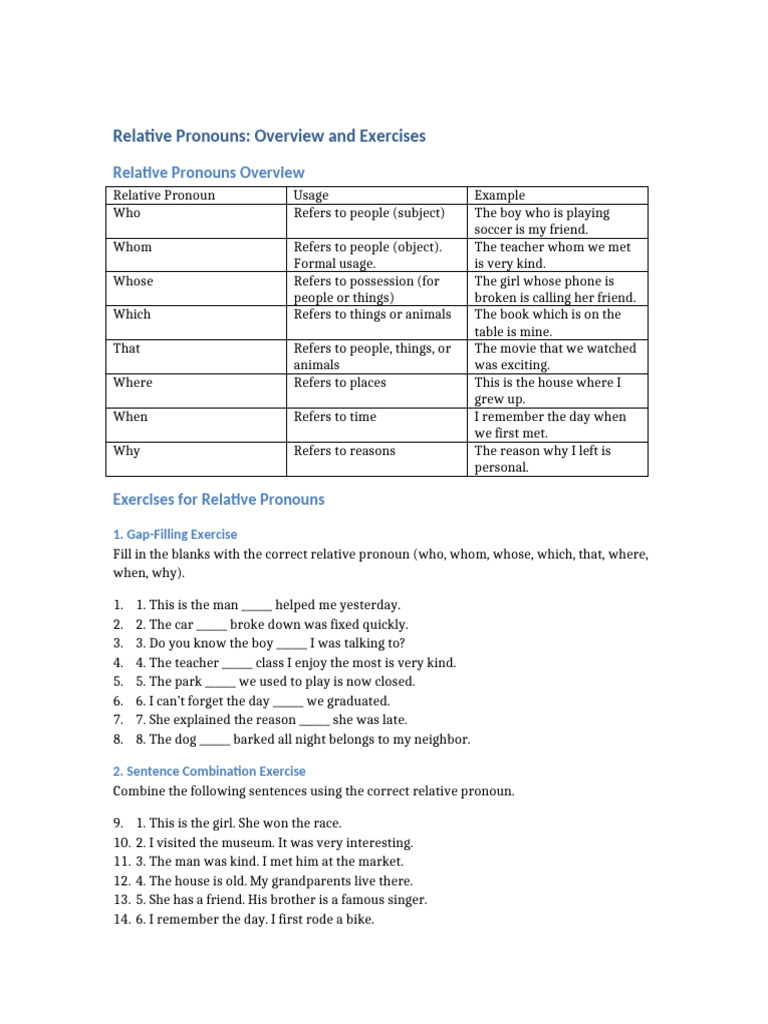 Relative Pronouns Exercises | PDF | Pronoun | Languages