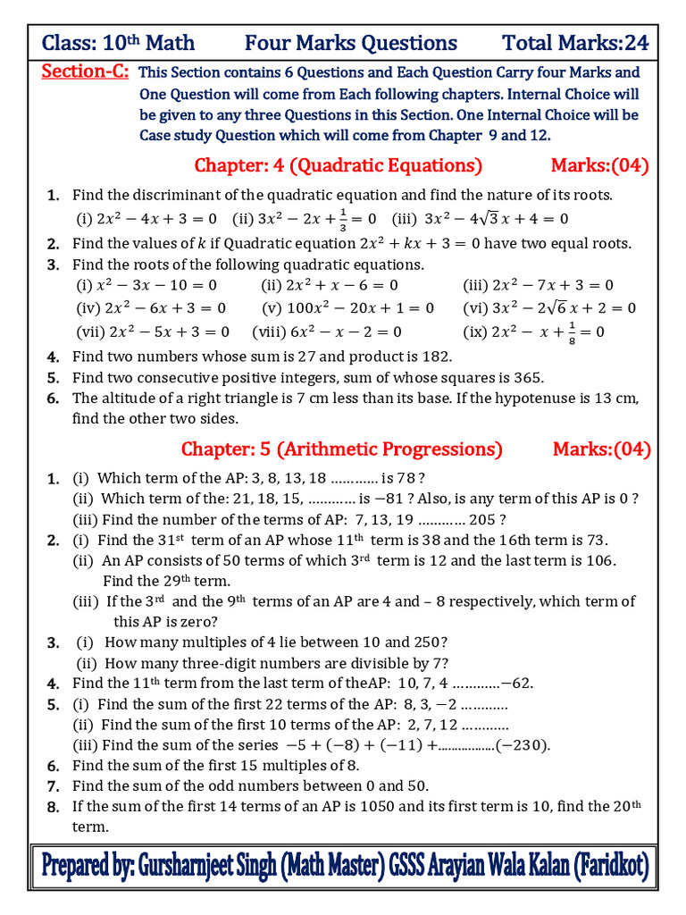 10th Math Four Marks (E) (2024-25) | PDF | Sphere | Elementary Mathematics