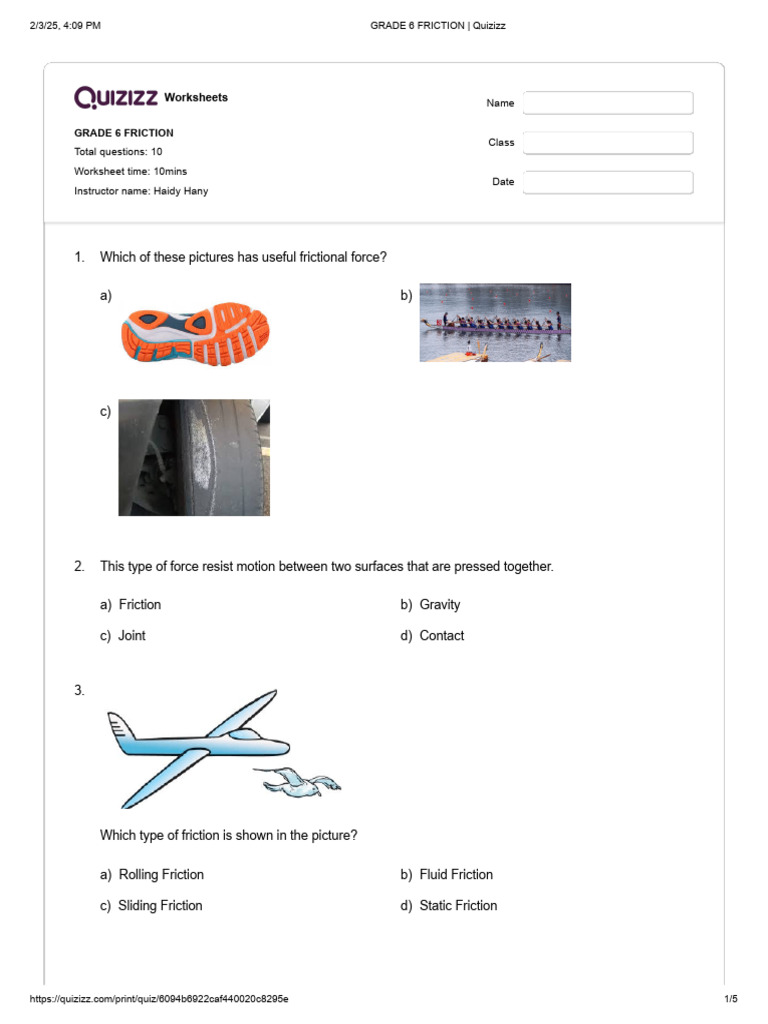 GRADE 6 FRICTION _ Quizizz | PDF | Friction | Applied And ...