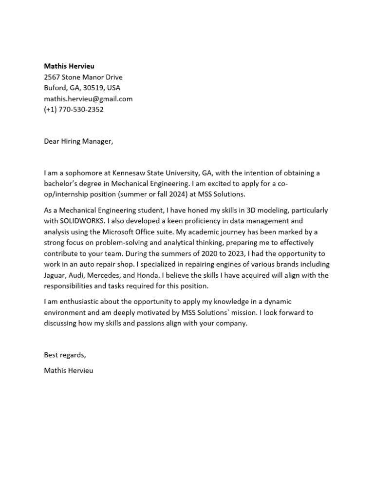 Mathis Hervieu Cover Letter - MSS Solutions | PDF