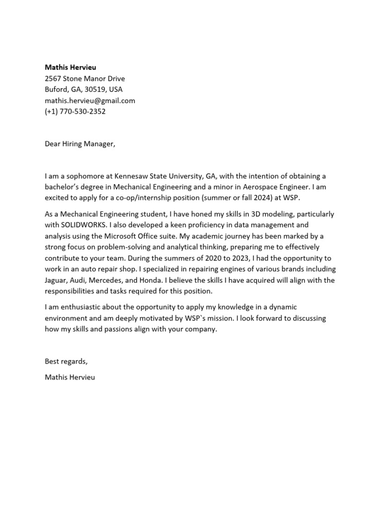 Mathis Hervieu Cover Letter - WSP | PDF