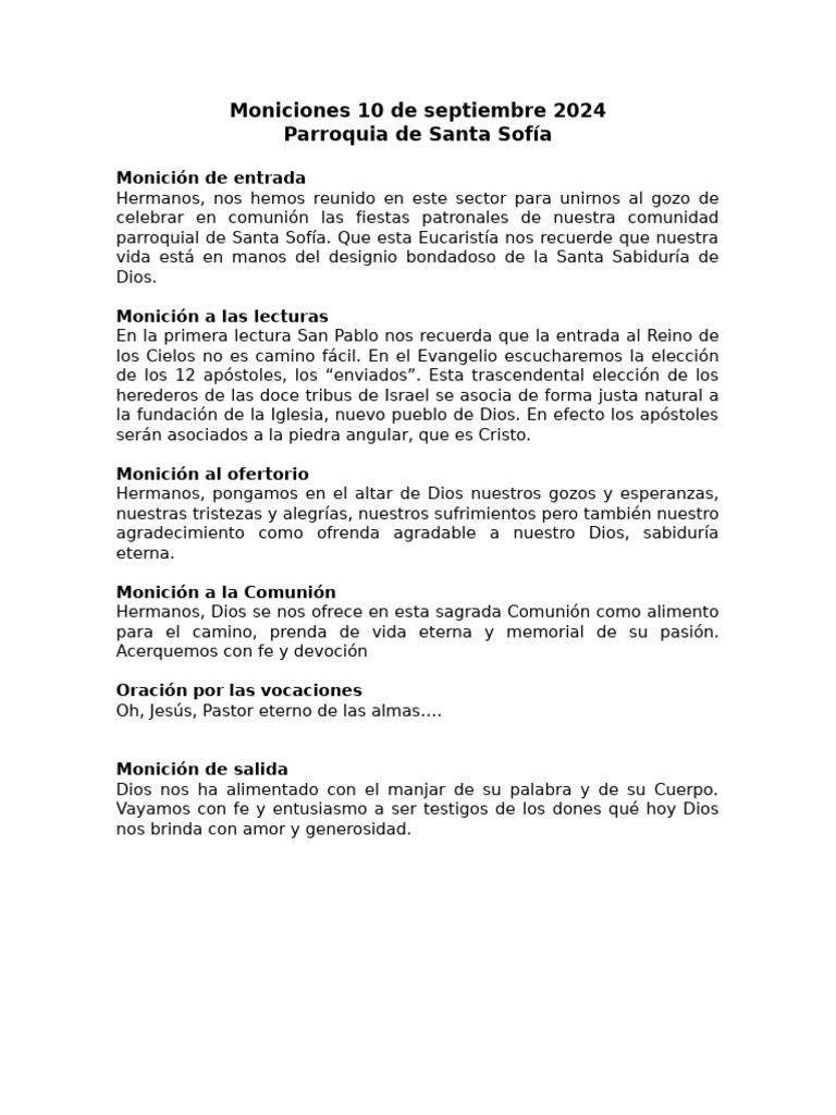 Moniciones Fiesta Patronal Santa Sofía | PDF