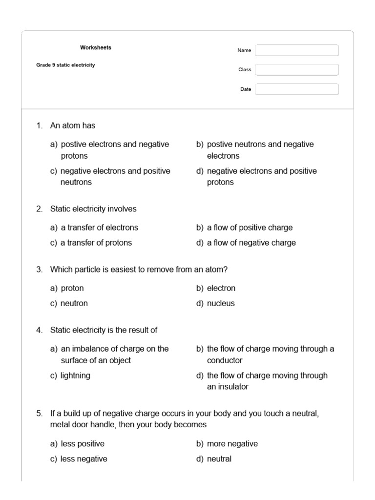 Grade 9 Static Electricity & Circuits Worksheets | PDF | Electric ...