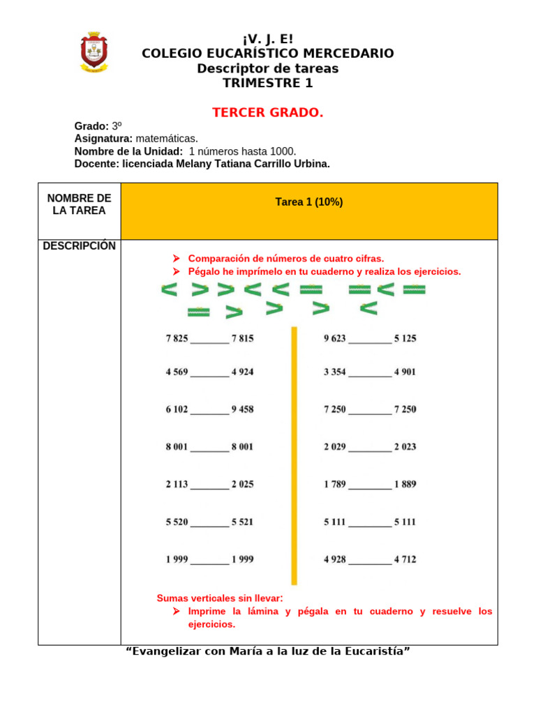 Tareas Matemáticas 3º Grado Trimestre 1 | PDF
