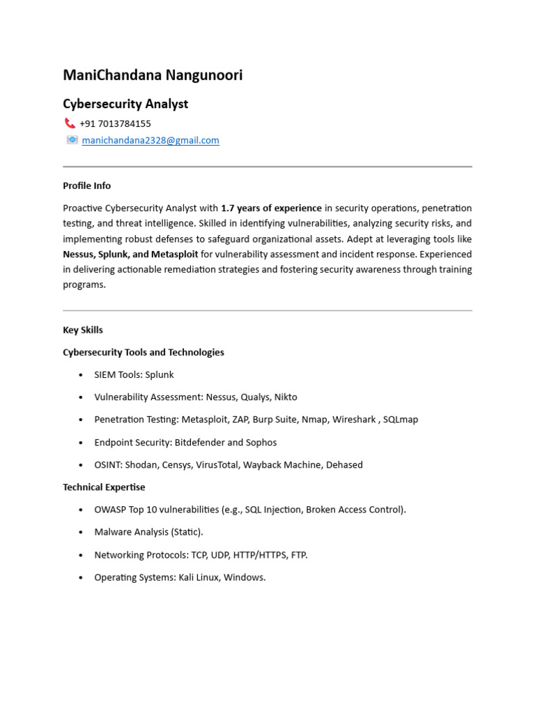 ManiChandana Nangunoori Resume | PDF | Security | Computer Security