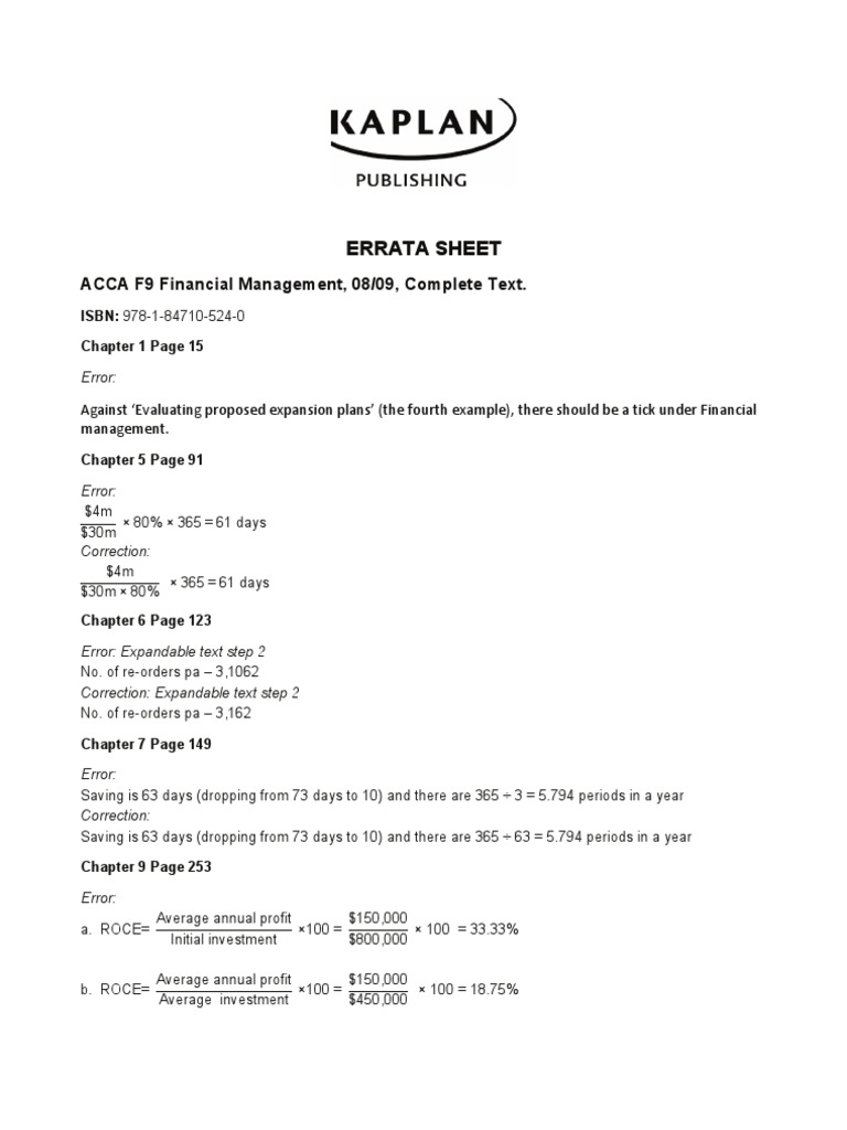 Acca f9 Errata Sheet | PDF | Net Present Value | Dividend