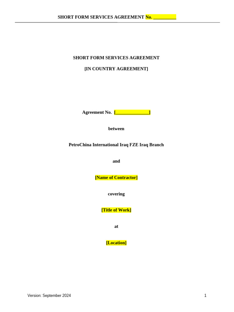 Part 2 - PC Iraq - Short Form Services Agreement - Oct 2024 - With ...