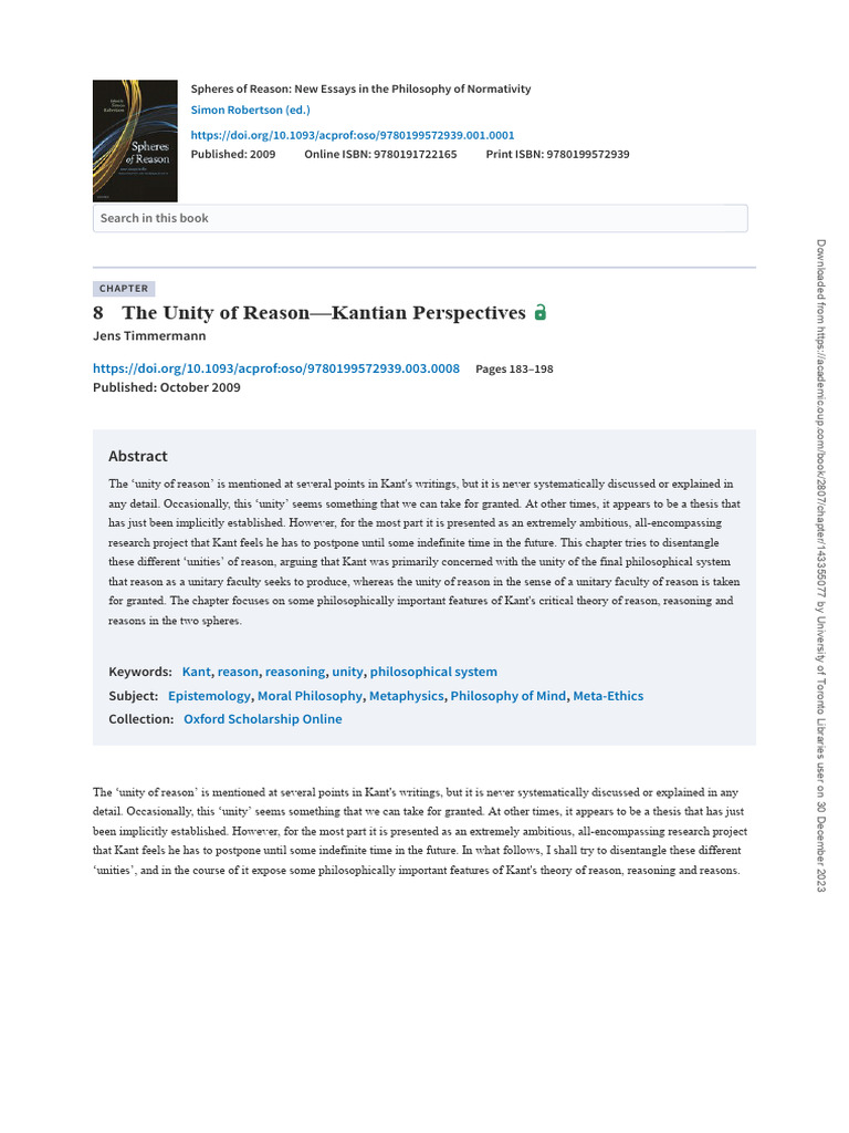 Unity of Reason in Kant's Philosophy | PDF | Immanuel Kant | Reason