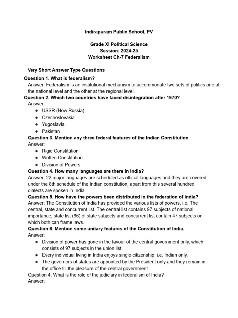 Worksheet Ch-7 Federalism | PDF | Constitution | Federalism