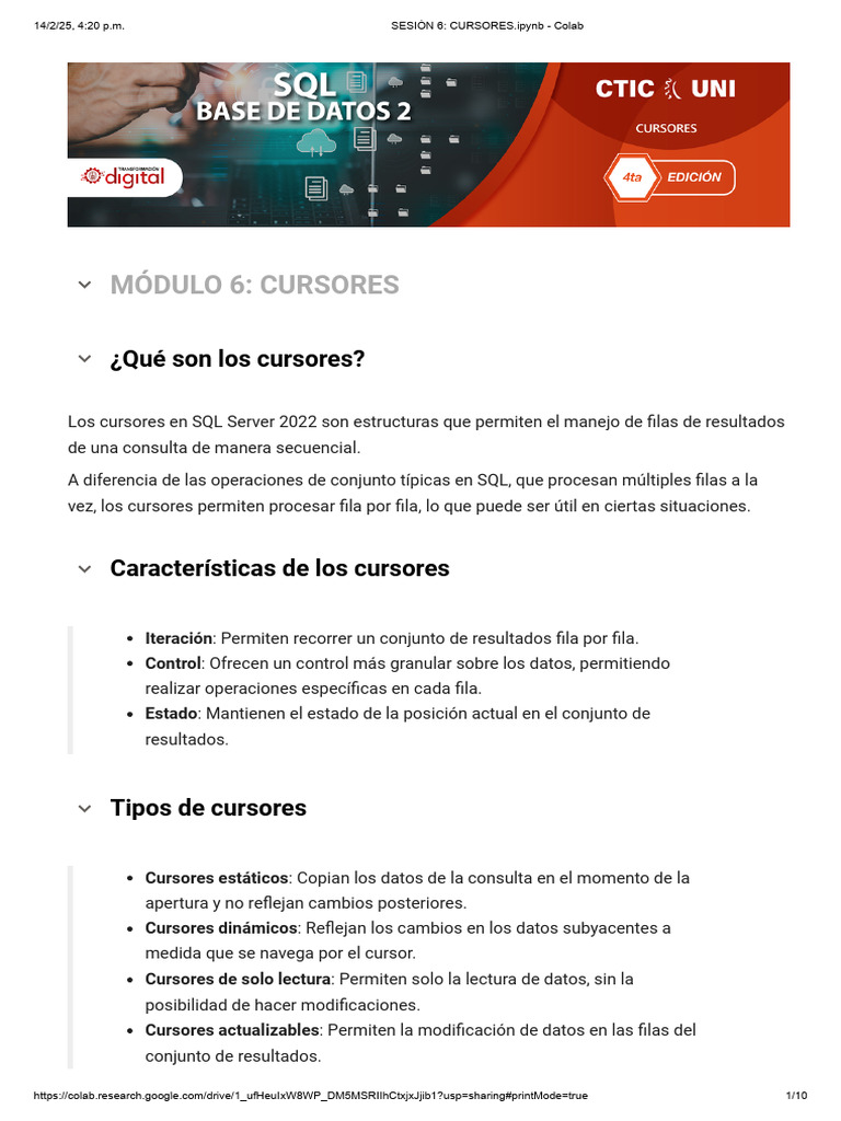 Sesión 6 - Cursores - Ipynb - Colab | PDF | SQL | Informática