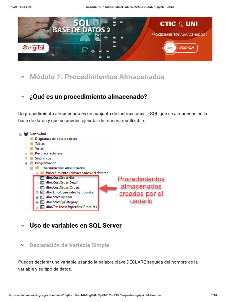 SESIÓN 1_ PROCEDIMIENTOS ALMACENADOS 1.ipynb - Colab | PDF | SQL | Variable (informática)