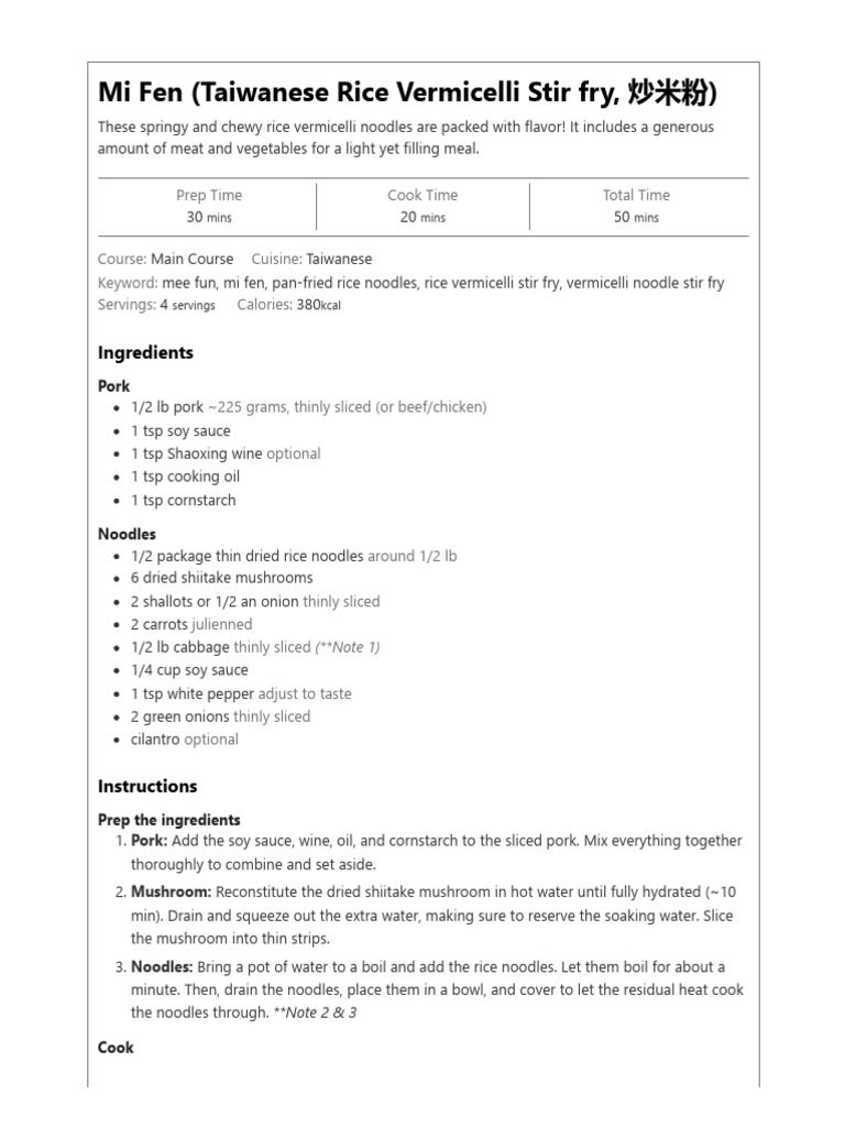 Taiwanese Mi Fen Stir Fry Recipe | PDF | Stir Frying | Foods