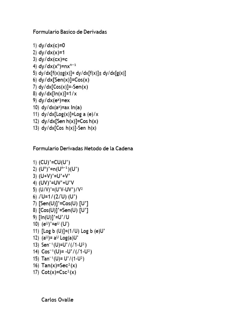 Formulario Basico de Derivadas Carlos Ovalle | PDF