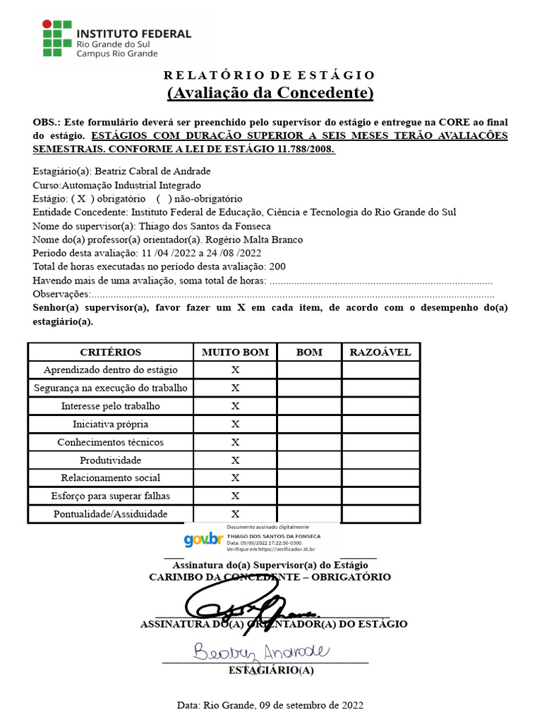 Beatriz Andrade - Avaliacao Do Estagio Pela Concedente Assinado | PDF