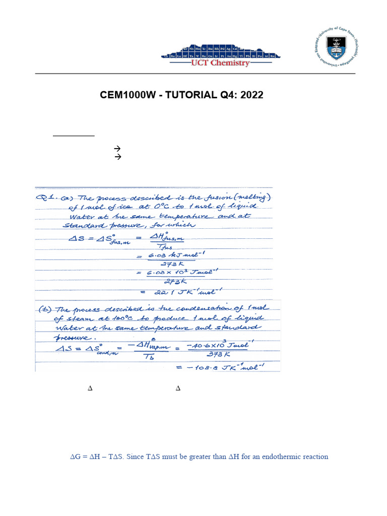 CEM1000W - Tutorial Q4 - 2022 - Solutions | PDF | Gibbs Free Energy | Chemical Equilibrium