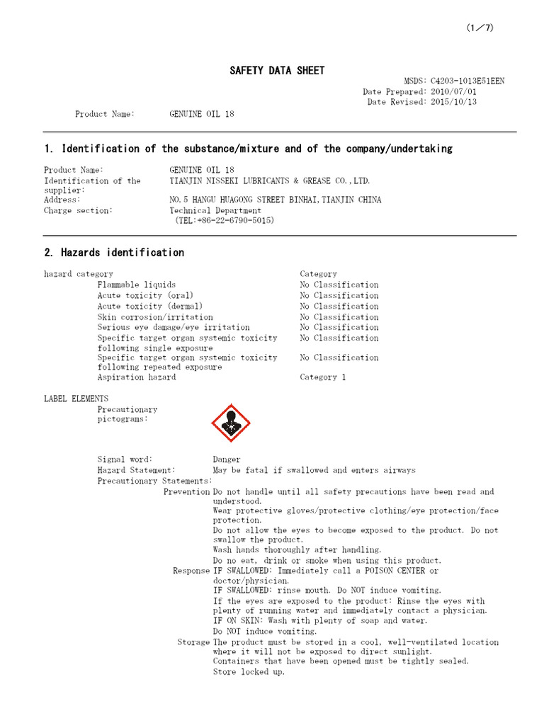 Genuine Oil 18 Safety Data Sheet | PDF | Toxicity | Occupational Safety ...