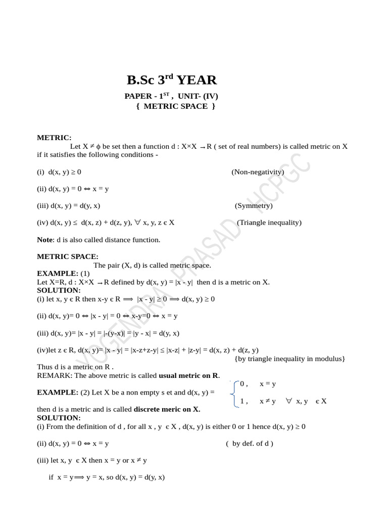 B.SC-III YEAR Metric Space Part-1 - Unit-IV (Metric Space Part-1) By-Yogendra Prasad | PDF ...