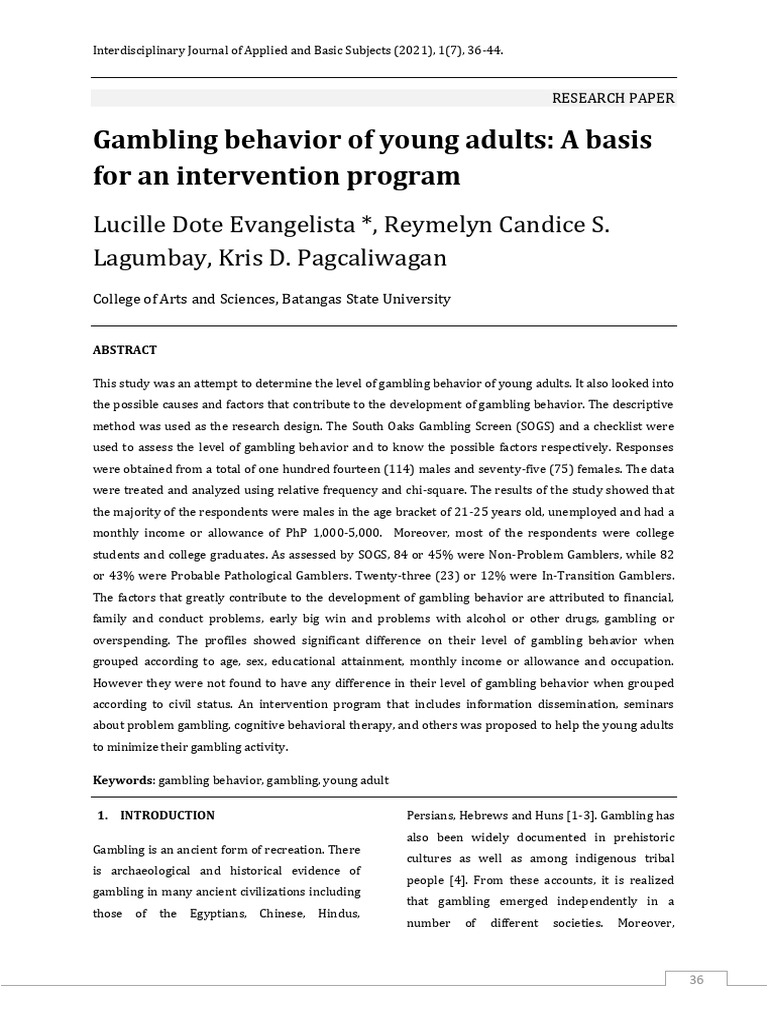 Gambling Behavior of Young Adults A Basis For An Intervention Program ...