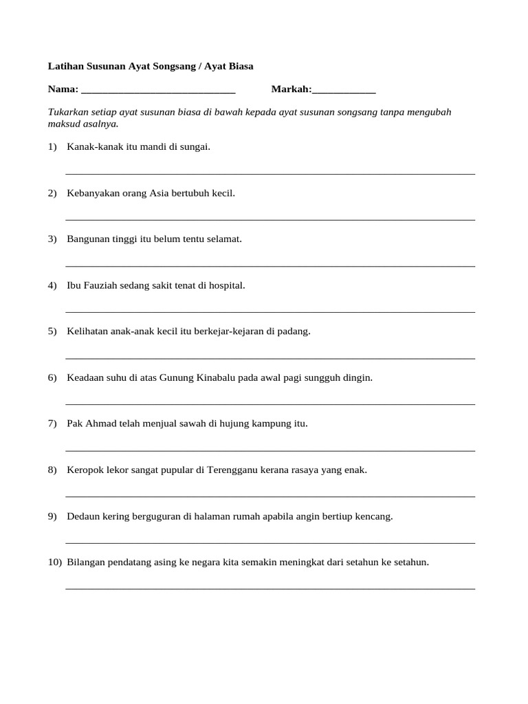 Latihan Ayat Songsang Dan Ayat Biasa | PDF