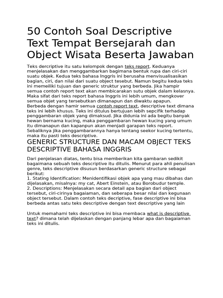 50 Contoh Soal Descriptive Text Tempat Bersejarah Dan Object Wisata Beserta Jawaban | PDF