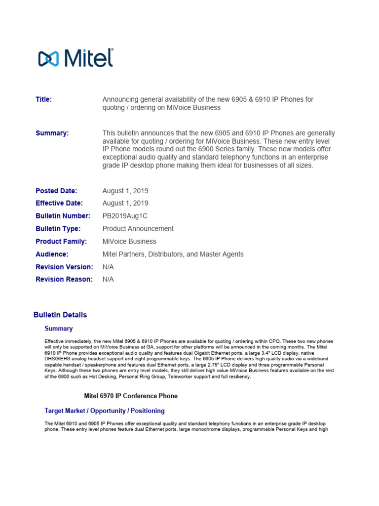 Product Bulletin - 6905_6910 IP Phones Generally Available on MiVoice ...