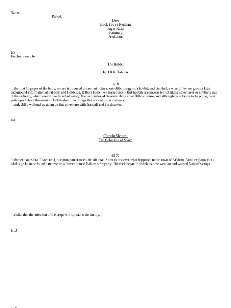 SSR Reading Log Template | PDF | Bilbo Baggins | Hobbit