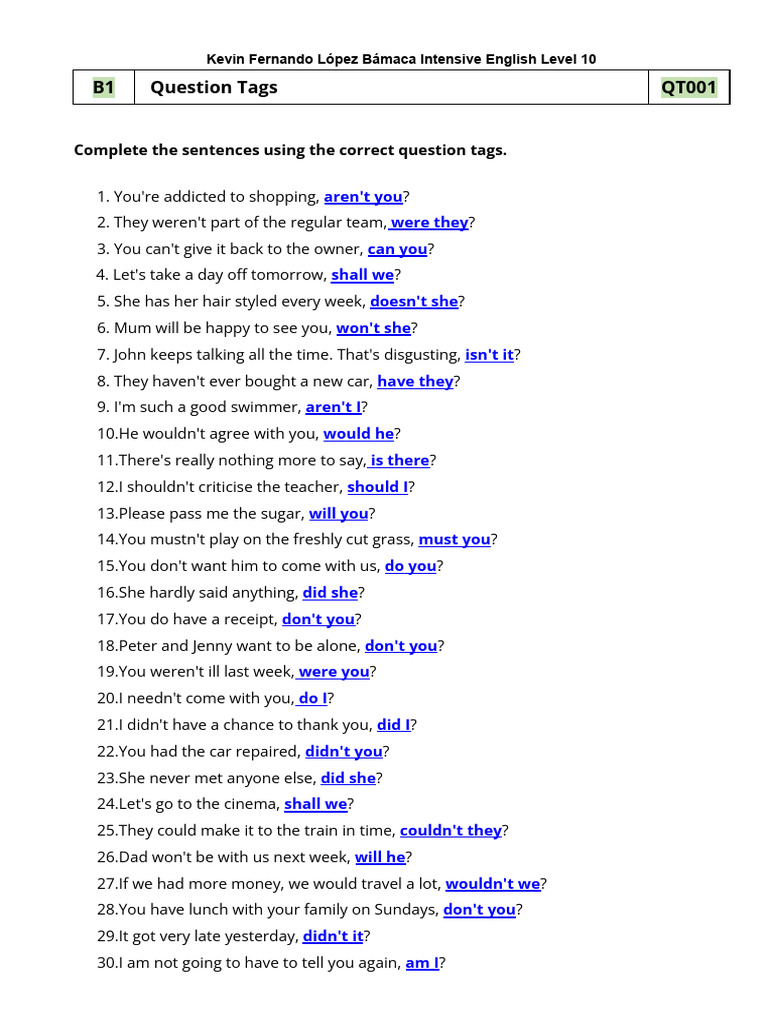 Question Tags Practice Worksheet | PDF
