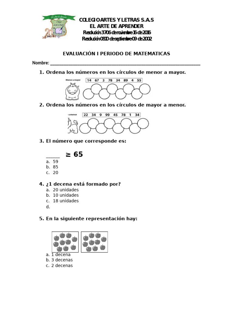 Evaluación I Periodo de Matematicas | PDF