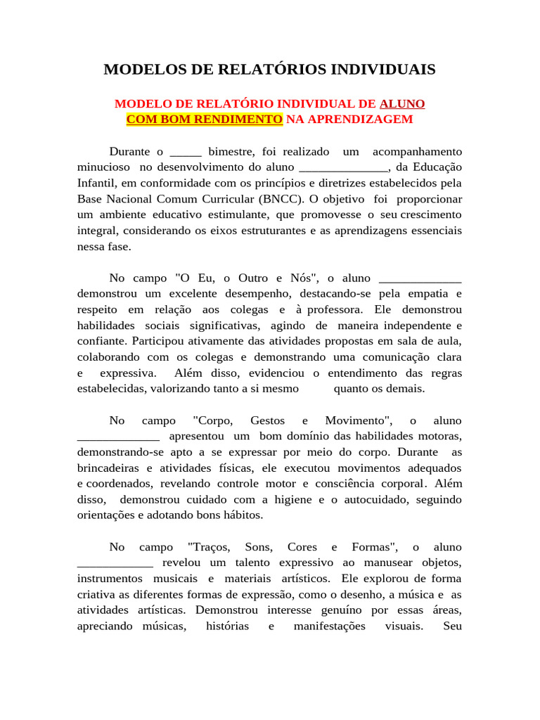 Modelos de Relatórios Individuais | PDF | Pedagogia | Aprendizado
