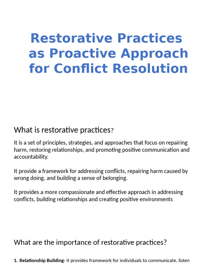 Restorative Practices for Conflict Resolution | PDF | Restorative ...