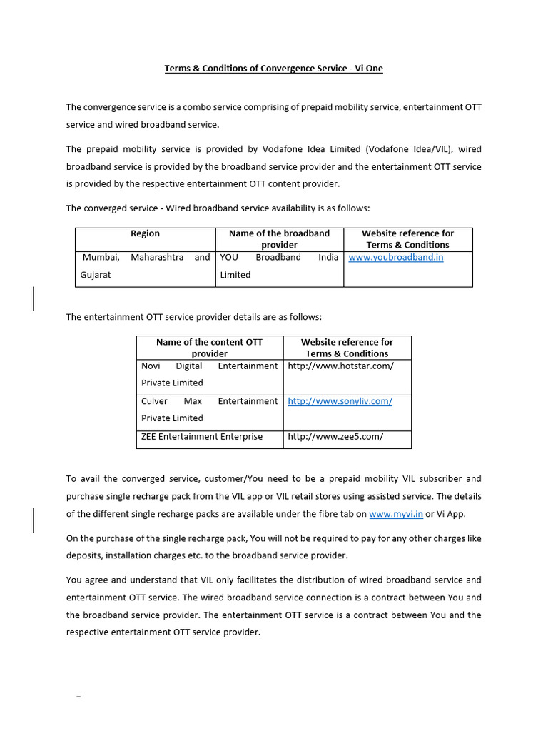 Vi One Convergence Service Terms | PDF | Telecommunications | Service ...