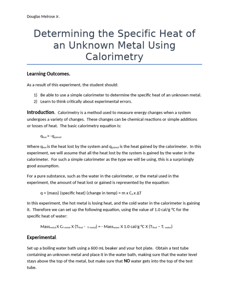 Specific Heat Determination via Calorimetry | PDF | Heat | Calorimetry