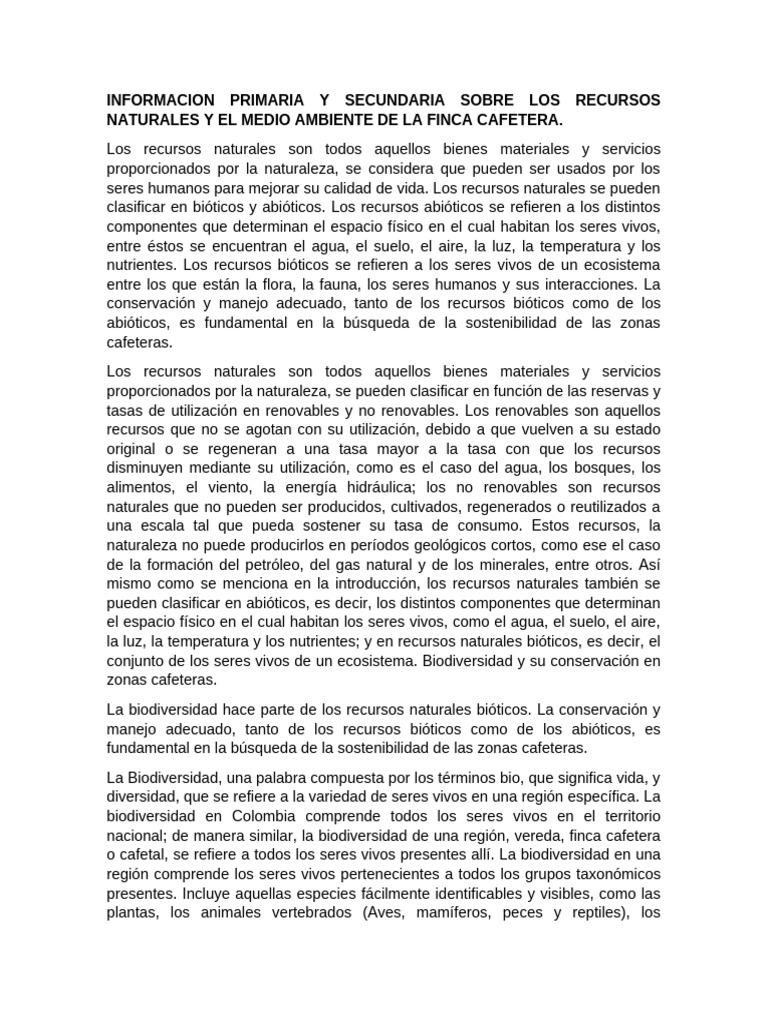 Informacion Primaria y Secundaria Sobre Los Recursos Naturales y El Medio Ambiente de La Finca ...