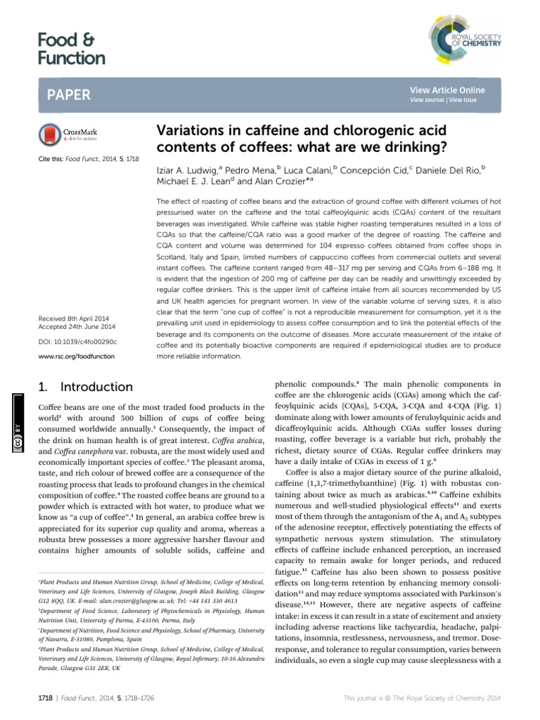 Variations in Caffeine and Chlorogenic Acid Contents of Coffees What Are We Drinking | PDF ...