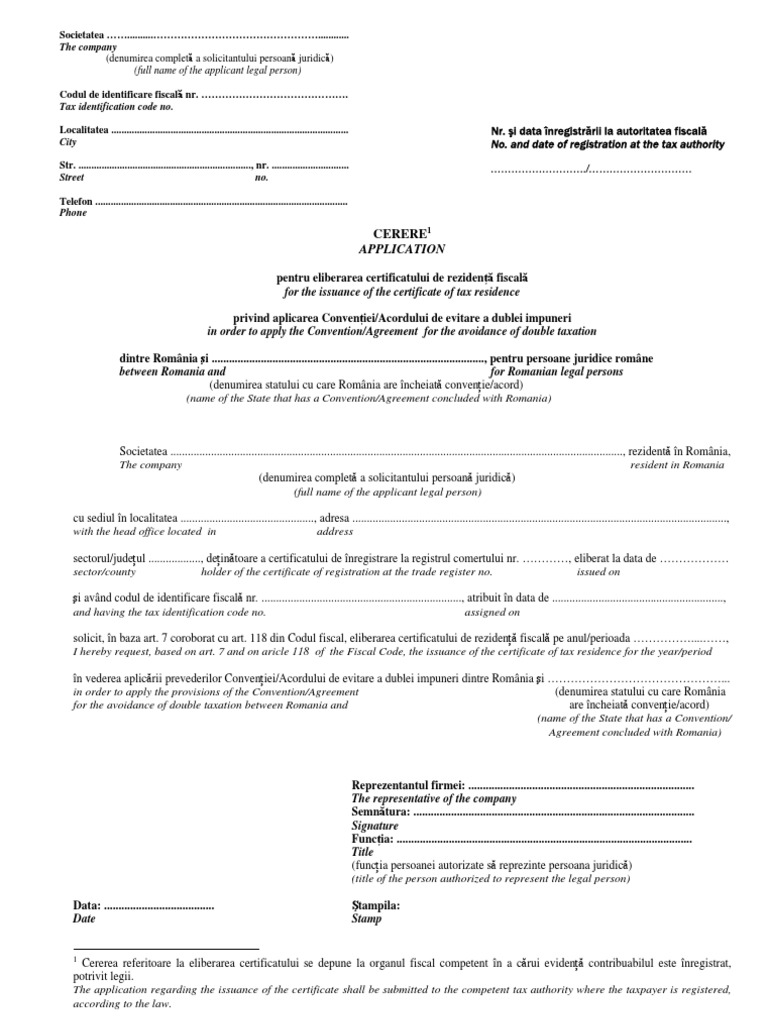 Cerere Certificat de Rezidenta Fiscala