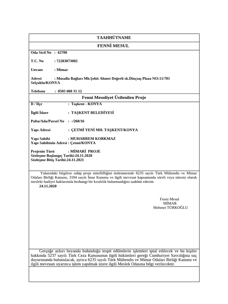 Fenni Mesul Taahhütnamesi | PDF