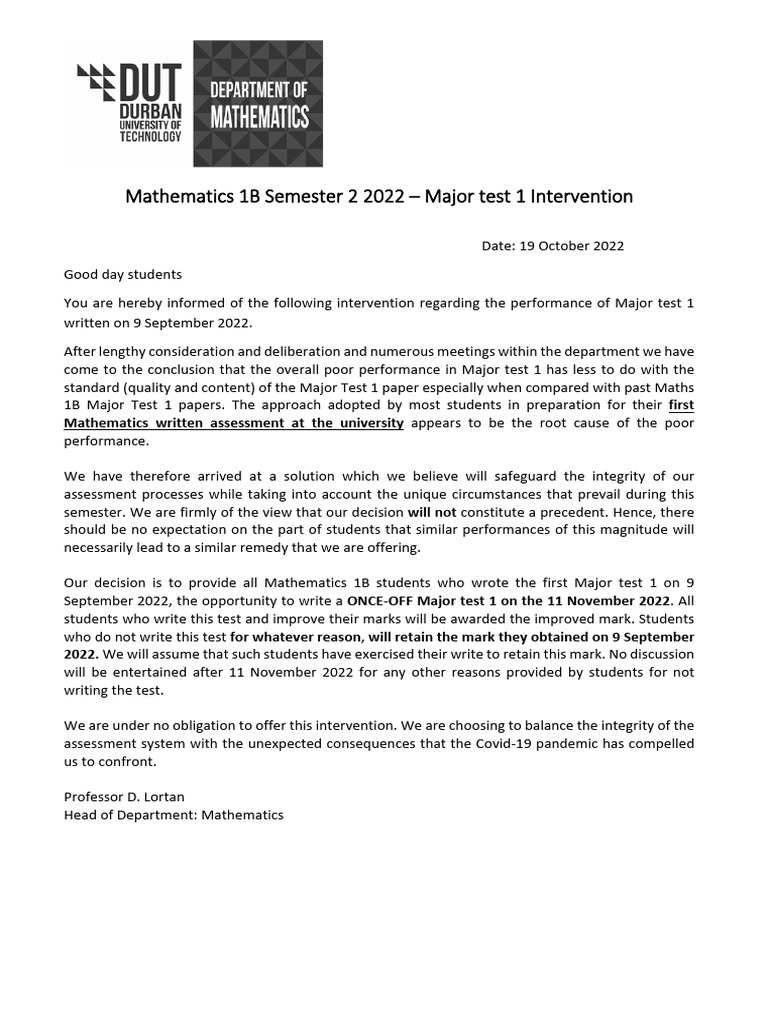 Mathematics 1B Semester 1 2022 -HOD letter Maths 1B Major 1 Re-Test | PDF