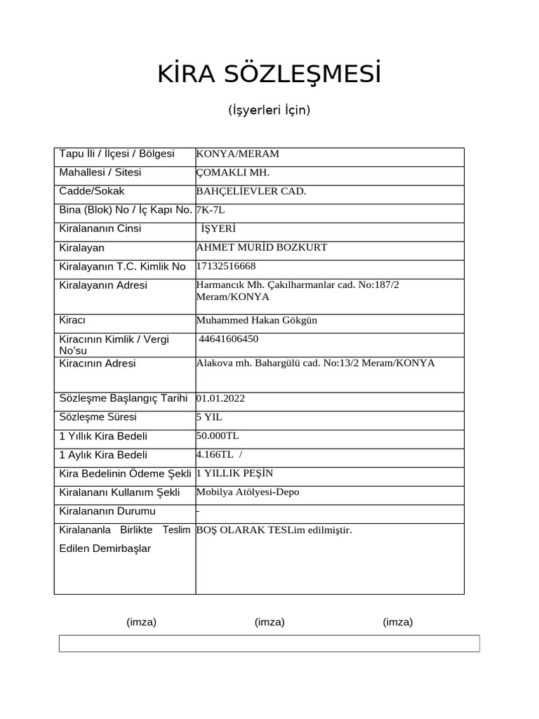 Kira Sozlesmesi Ornegi Isyeri Word Indir | PDF