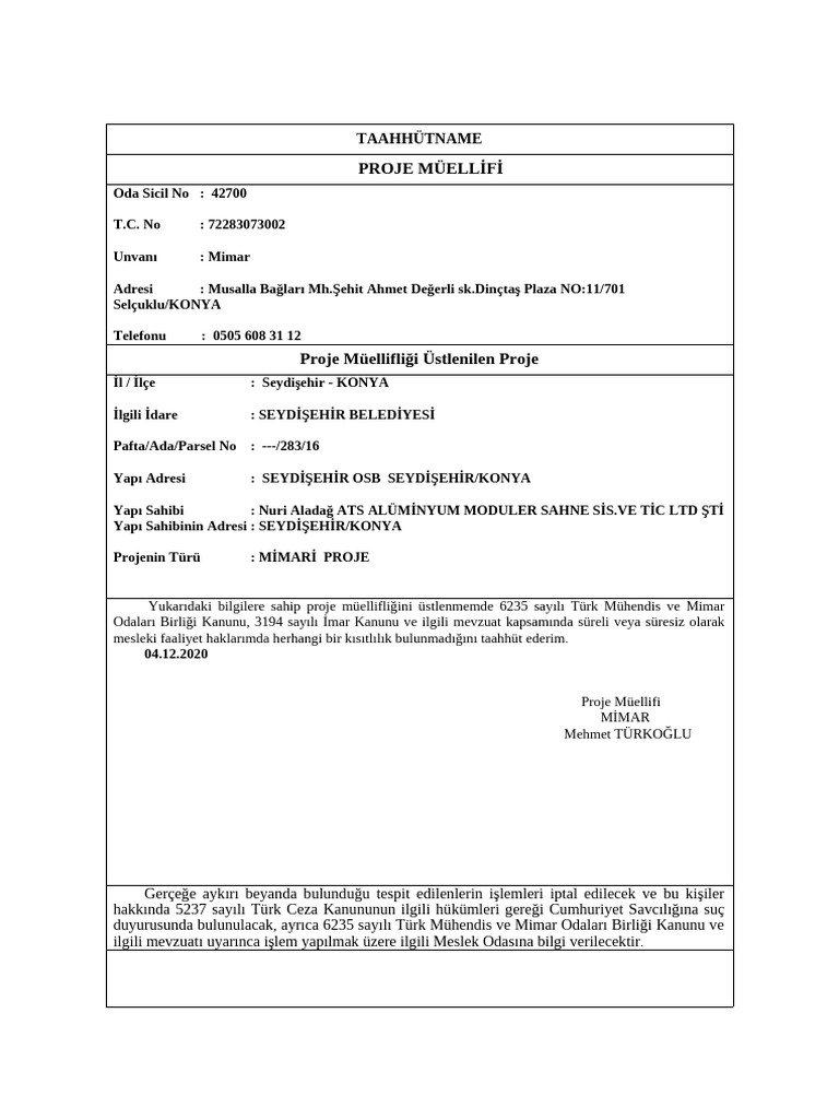 Proje Müellifliği Taahhütnamesi | PDF